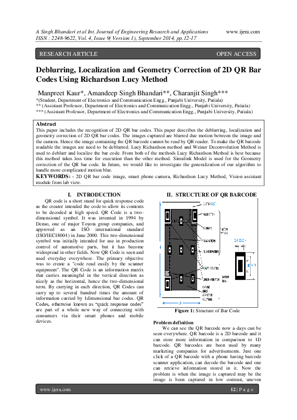 (PDF) Deblurring, Localization and Geometry Correction of 2D QR Bar Codes Using Richardson Lucy ...