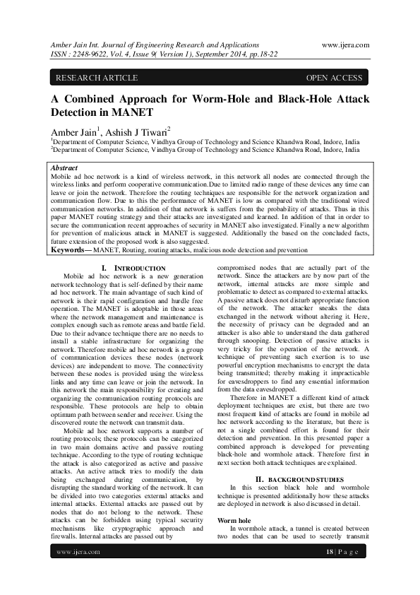 Pdf A Combined Approach For Worm Hole And Black Hole Attack Detection