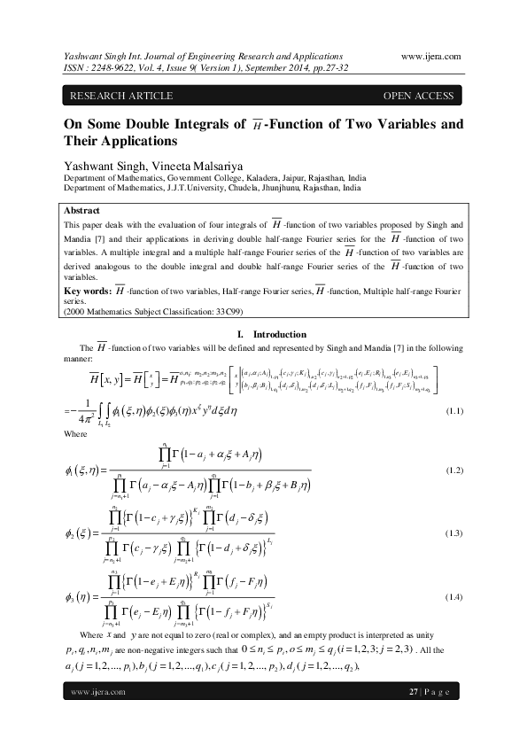 Pdf On Some Double Integrals Of H Function Of Two Variables And