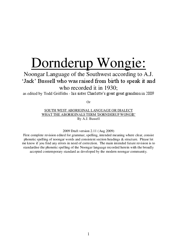 (PDF) Dornderup Wongie Noongar Language Dictionary - draft (Ngoongar ...