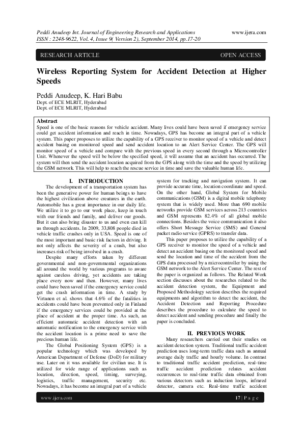 Pdf Wireless Reporting System For Accident Detection At Higher Speeds