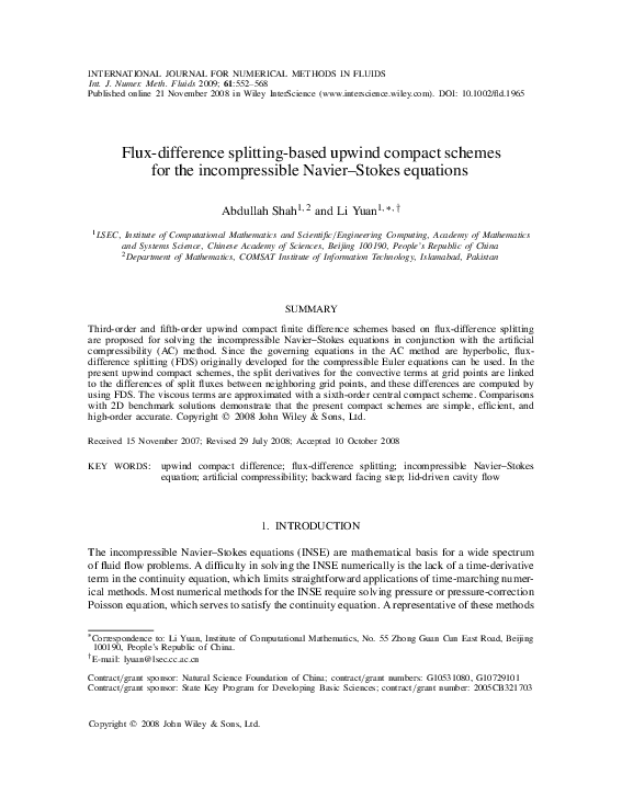 Pdf Flux Difference Splitting Based Upwind Compact Schemes For The Incompressible Navier