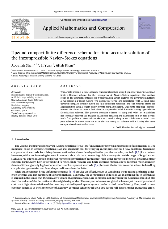 Pdf Upwind Compact Finite Difference Scheme For Time Accurate Solution Of The Incompressible