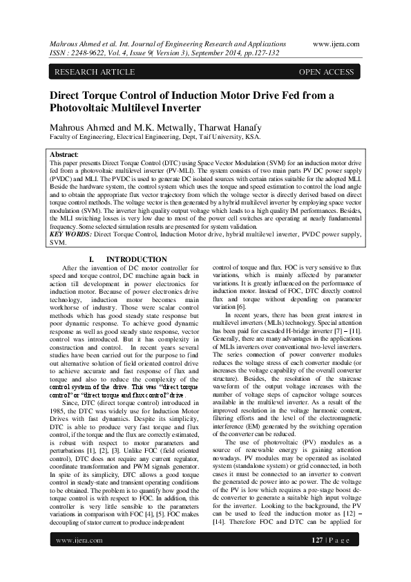 Pdf Direct Torque Control Of Induction Motor Drive Fed From A