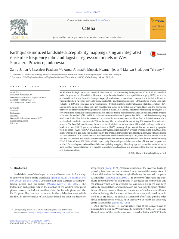 Pdf Earthquake Induced Landslide Susceptibility Mapping Using An Integrated Ensemble Frequency