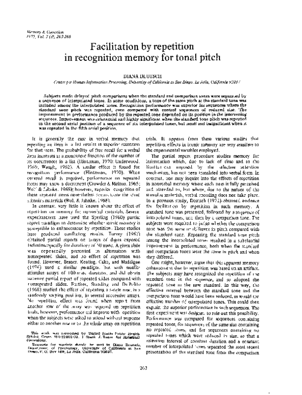 (PDF) Facilitation by repetition in recognition memory for tonal pitch