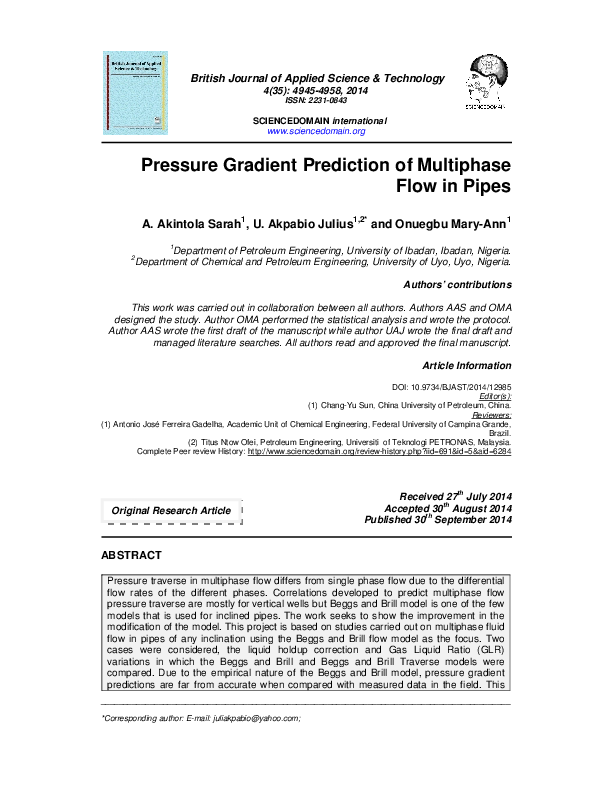 (PDF) Pressure Gradient Prediction of Multiphase flow in pipes