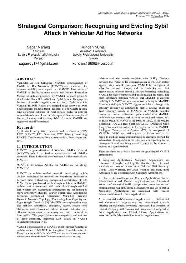Pdf Strategical Comparison Recognizing And Evicting Sybil Attack In Vehicular Ad Hoc Networks