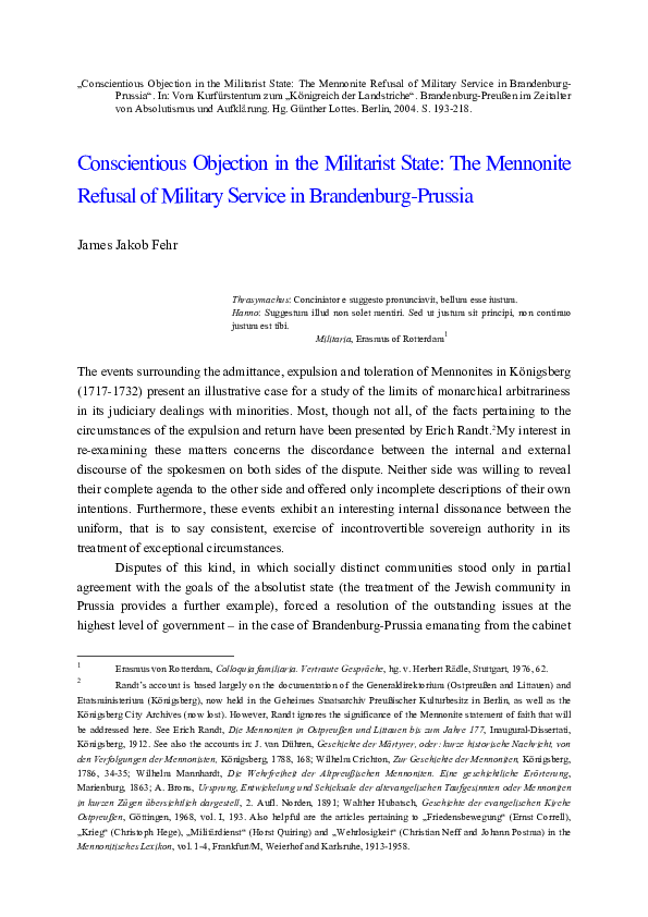 (PDF) Conscientious Objection in the Militarist State: The Mennonite ...