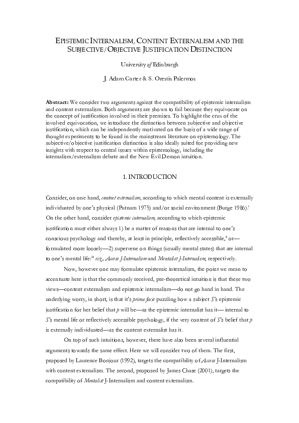 (PDF) Epistemic Internalism, Content Externalism and the Subjective ...