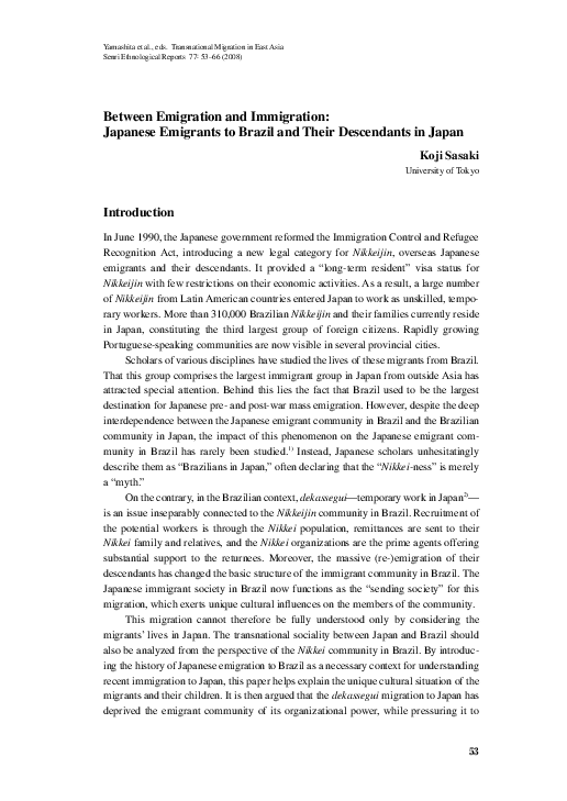 (PDF) Between Emigration and Immigration: Japanese Emigrants to Brazil ...