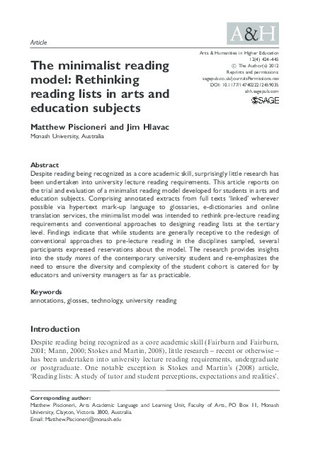 (PDF) The minimalist reading model: Rethinking reading lists in arts ...
