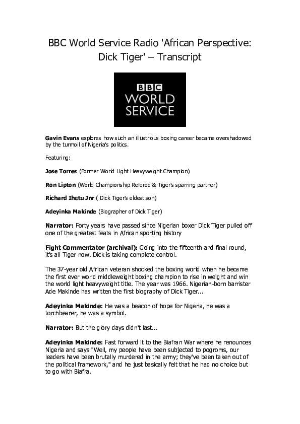 (PDF) BBC World Service Radio 'African Perspective: Dick Tiger ...