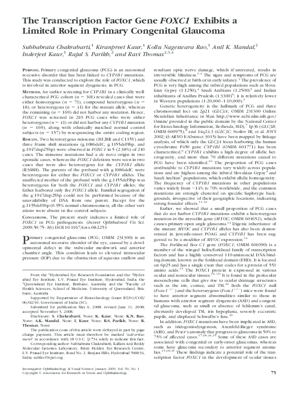 (PDF) The Transcription Factor Gene FOXC1 Exhibits a Limited Role in ...