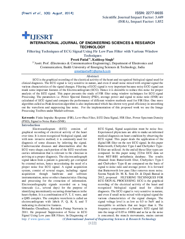 Pdf Filtering Techniques Of Ecg Signal Using Fir Low Pass Filter With