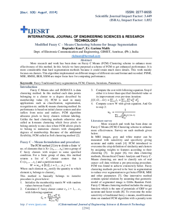 Pdf Modified Fuzzy C Means Clustering Scheme For Image Segmentation 