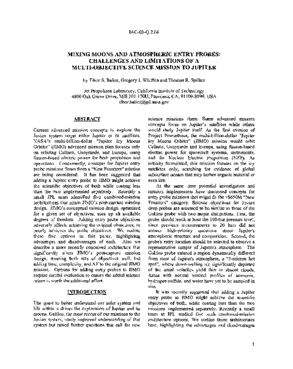 (PDF) Overview of mission architecture options for Jupiter deep entry ...