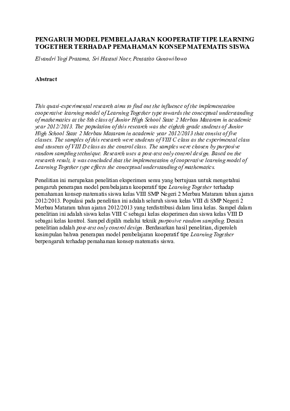 (DOC) PENGARUH MODEL PEMBELAJARAN KOOPERATIF TIPE LEARNING TOGETHER TERHADAP PEMAHAMAN KONSEP ...
