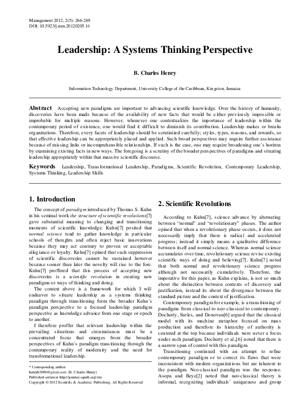 Pdf Leadership A Systems Thinking Perspective