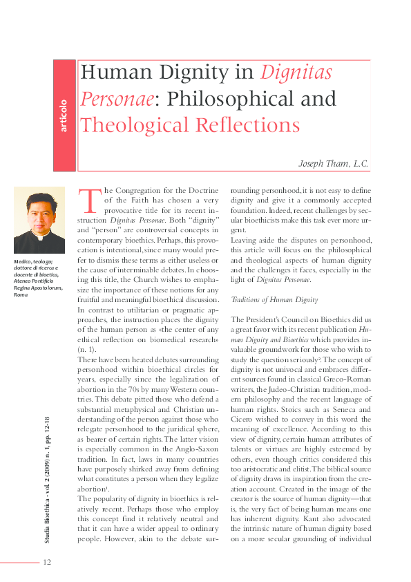 (PDF) Human Dignity in Dignitas Personae: Philosophical and Theological Reflections