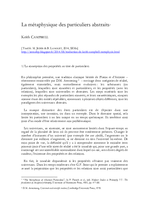 (PDF) Translation - K. Campbell : La métaphysique des particuliers ...