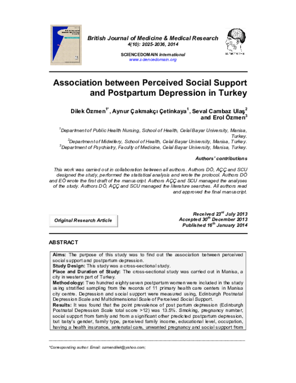 (PDF) Association between Perceived Social Support and Postpartum ...