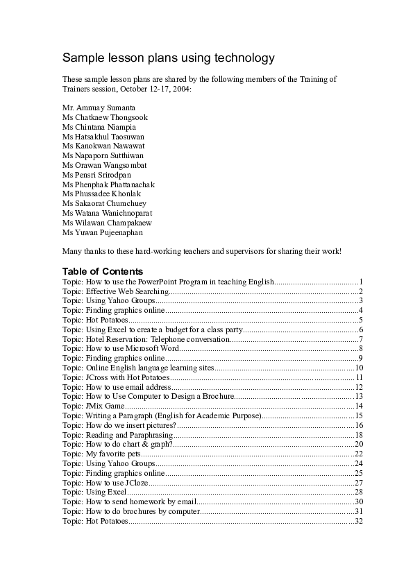 (DOC) Sample lesson plans using technology Many thanks to these hard ...