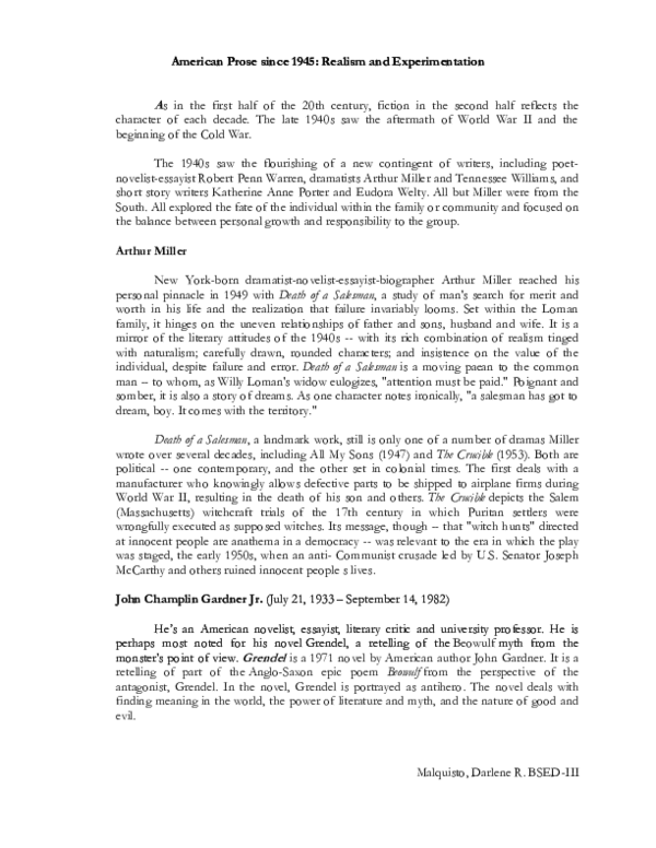 (DOC) American Prose since 1945: Realism and Experimentation