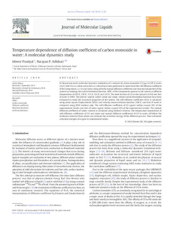 (PDF) Temperature dependence of diffusion coefficient of carbon monoxide in water: A molecular ...