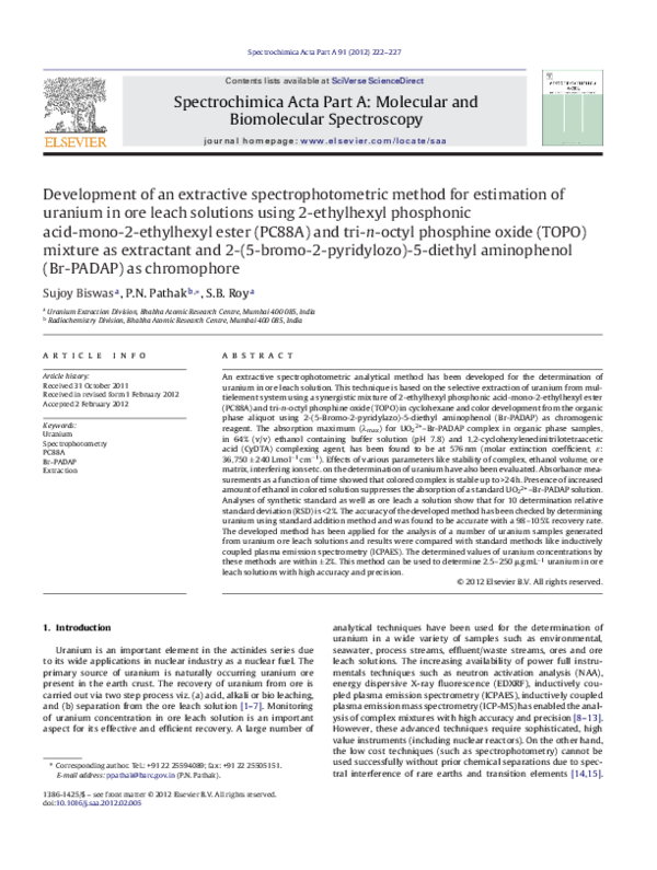 Pdf Development Of An Extractive Spectrophotometric Method For Estimation Of Uranium In Ore