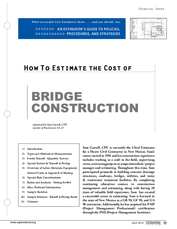 (PDF) Bridge ConstruCtion AN ESTIMATOR'S GUIDE TO POLICIES, PROCEDURES, AND STRATEGIES