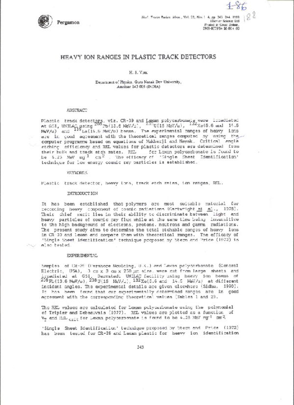 (PDF) Heavy Ion Ranges in Plastic Track detectors