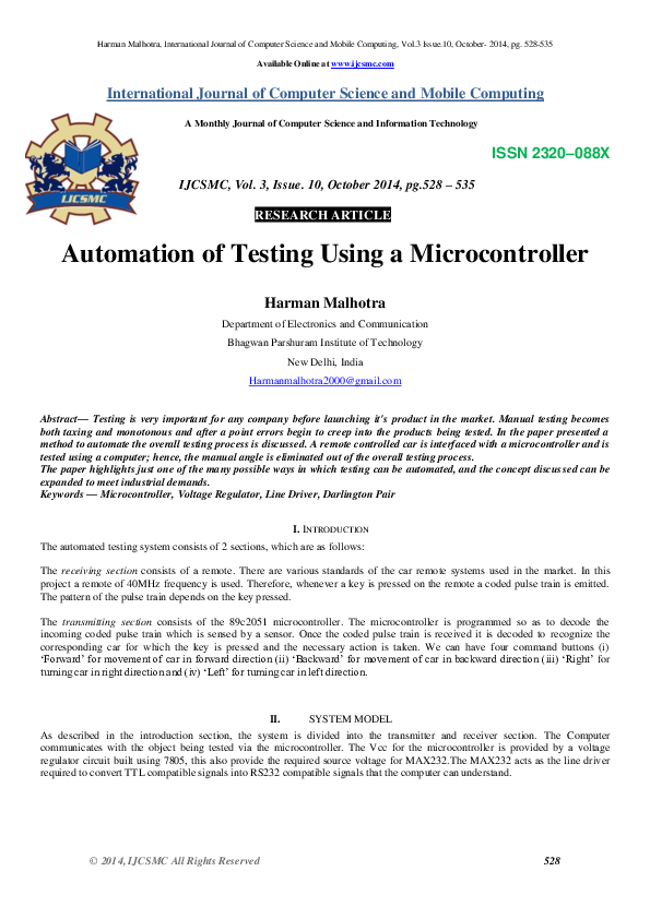 (PDF) Automation of Testing Using a Microcontroller