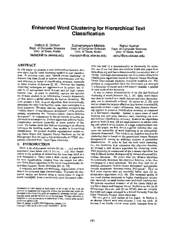 (PDF) Enhanced word clustering for hierarchical text classification