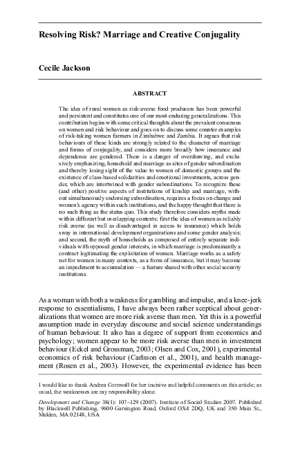 (PDF) Resolving risk: marriage and creative conjugality