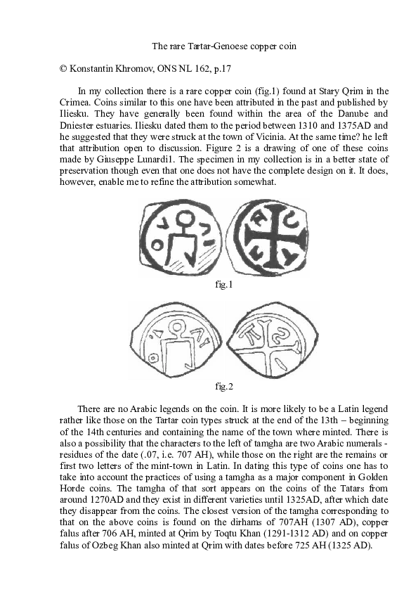(PDF) The rare Tartar-Genoese copper coin // ONS Newslettet #162 2000 ...