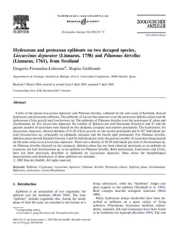 (PDF) Hydrozoan and protozoan epibionts on two decapod species ...