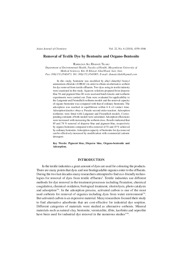 (PDF) Removal of Textile Dye by Bentonite and Organo-Bentonite