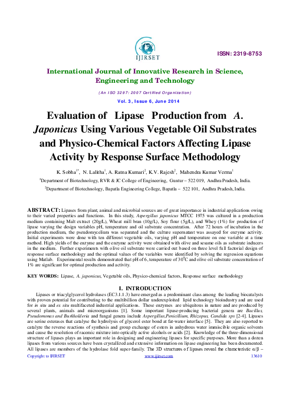 Pdf Evaluation Of Lipase Production From A Japonicus Using Various Vegetable Oil Substrates