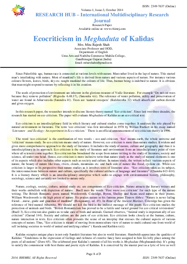 (PDF) Ecocriticism in Meghaduta of Kalidas