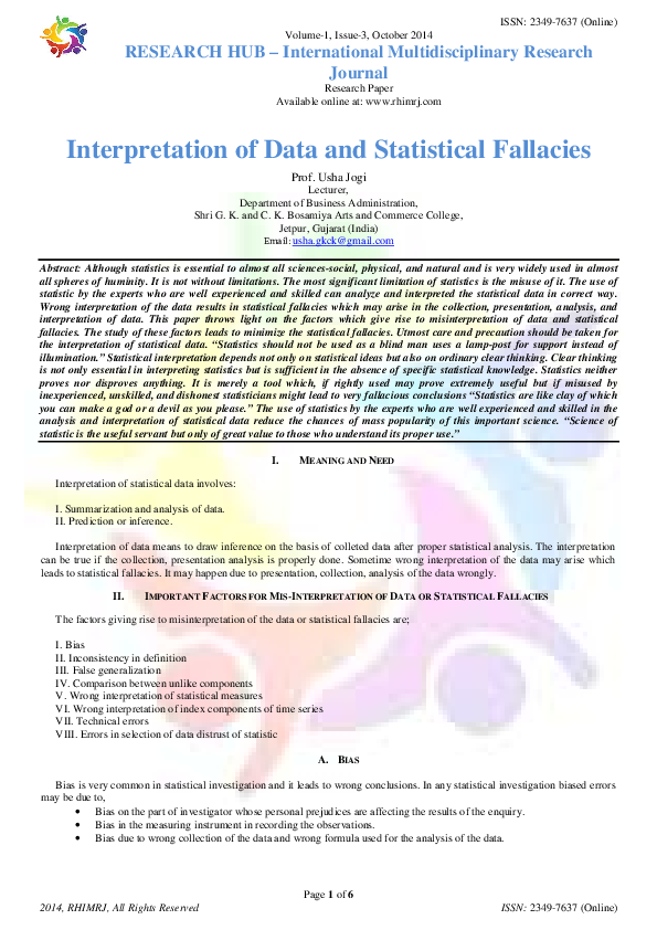 (PDF) Interpretation of Data and Statistical Fallacies