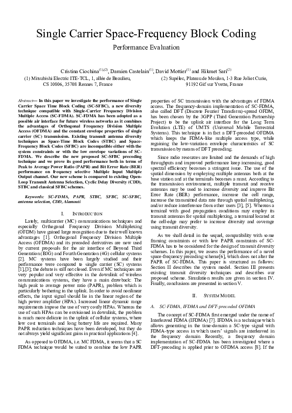 Pdf Single Carrier Space Frequency Block Coding Performance Evaluation
