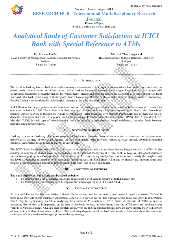 (PDF) Analytical Study of Customer Satisfaction at ICICI Bank with Special Reference to ATMs