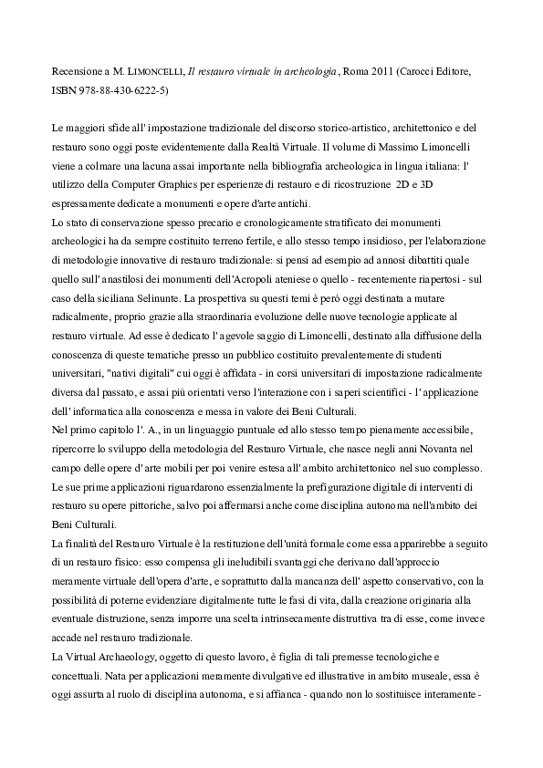 (DOC) Recensione a M. LIMONCELLI, Il restauro virtuale in archeologia ...
