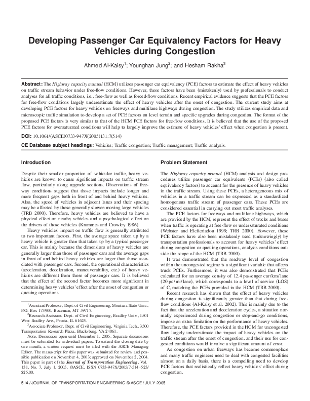 (PDF) Developing Passenger Car Equivalency Factors for Heavy Vehicles ...