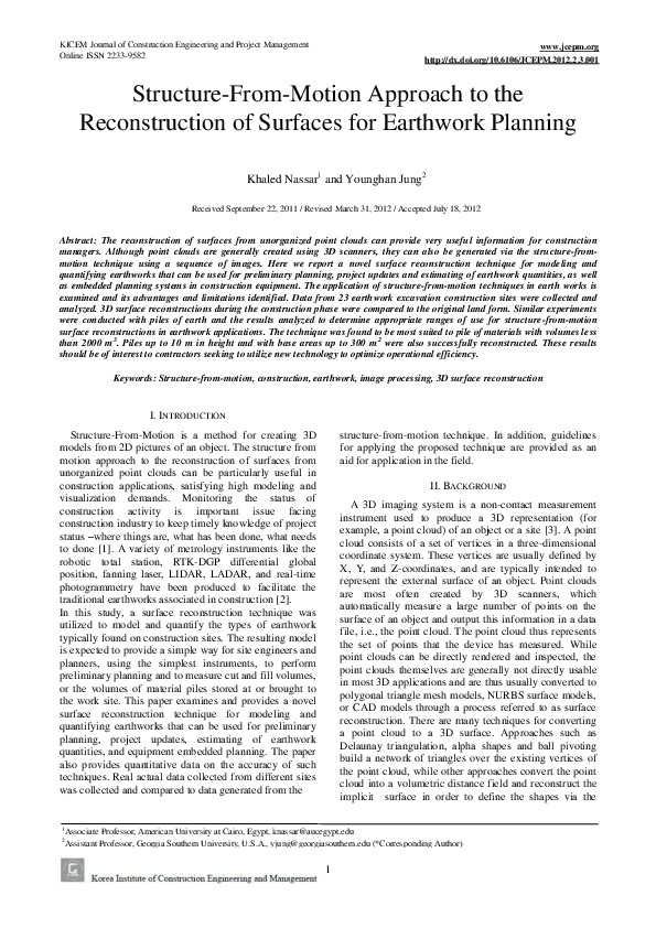 Pdf Structure From Motion Approach To The Reconstruction Of Surfaces For Earthwork Planning