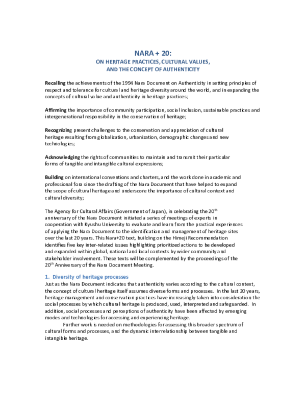 (PDF) NARA + 20: ON HERITAGE PRACTICES, CULTURAL VALUES, AND THE ...