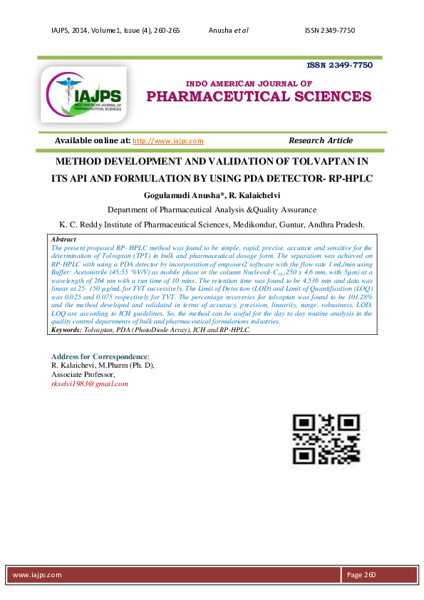 METHOD DEVELOPMENT AND VALIDATION OF TOLVAPTAN IN ITS API AND FORMULATION BY USING PDA DETECTOR ...