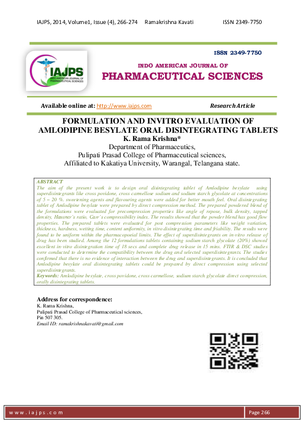 Formulation And Invitro Evaluation Of Amlodipine Besylate Oral Disintegrating Tablets