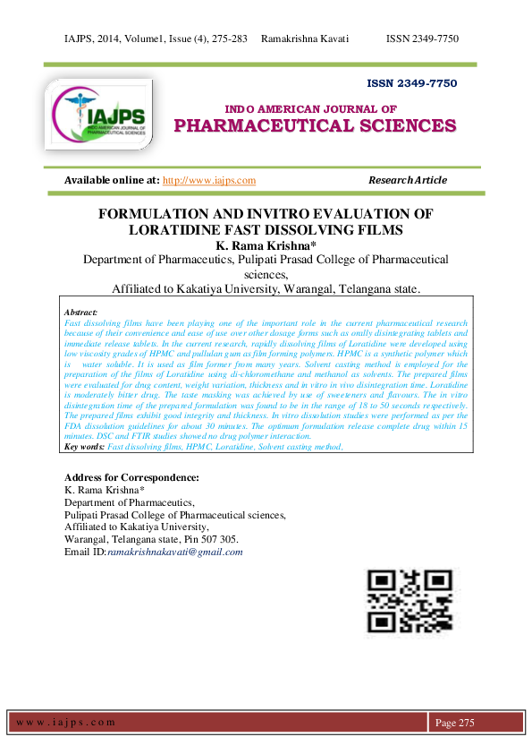 Formulation And Invitro Evaluation Of Loratidine Fast Dissolving Films
